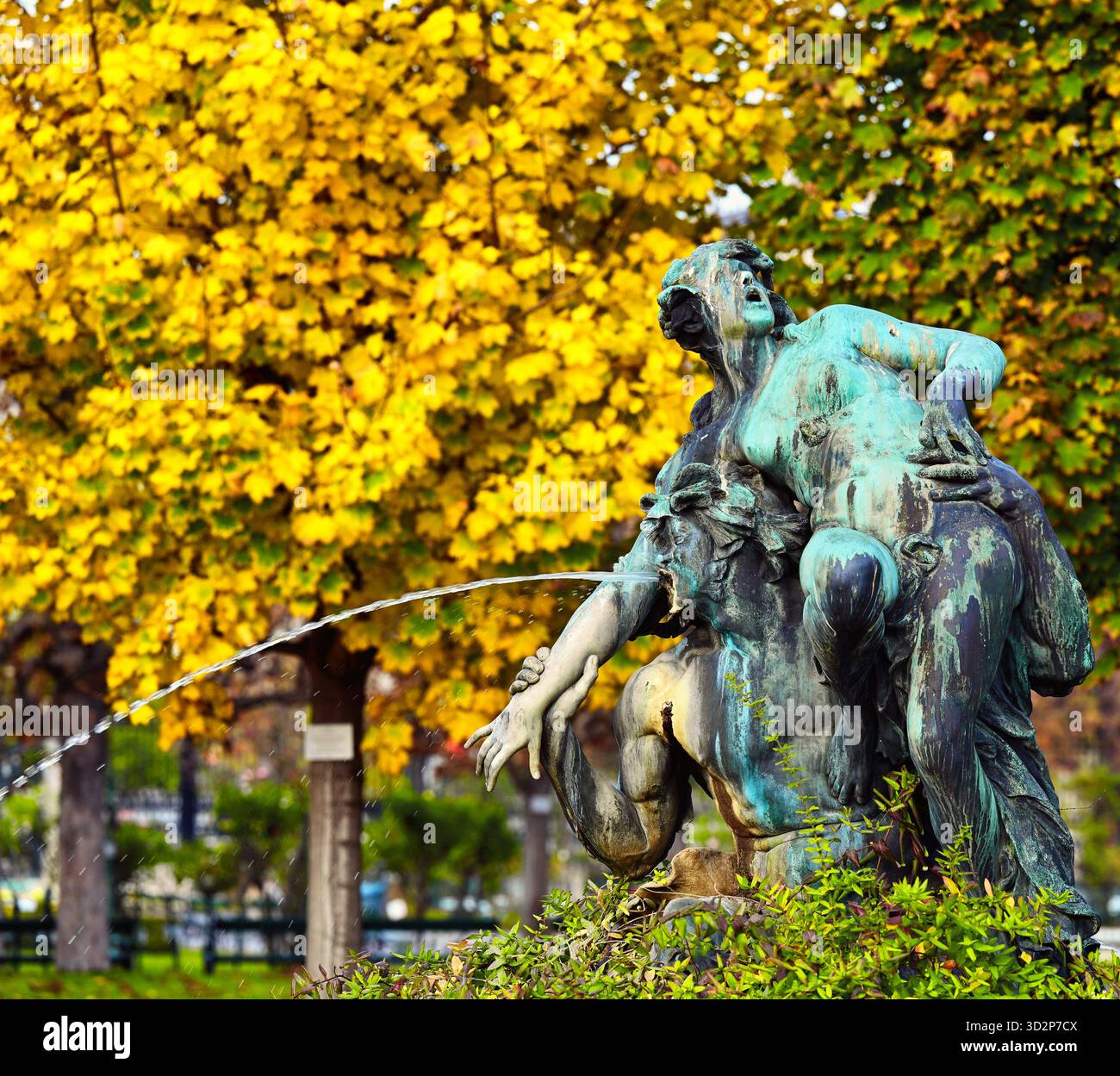 Triton and Nymph at water fountain, Volksgarten, Vienna, autumn season ...