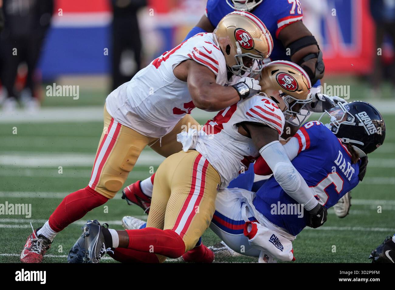 New York Giants quarterback Jaxson Dart (6) is tackled by San Francisco ...