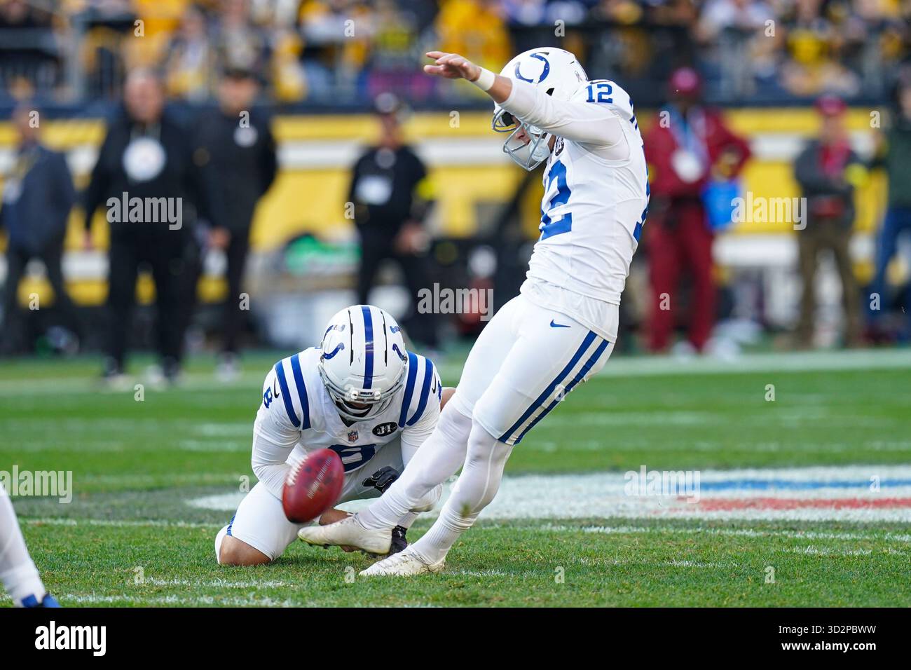 Indianapolis Colts kicker Michael Badgley (12) kicks a field goal from ...