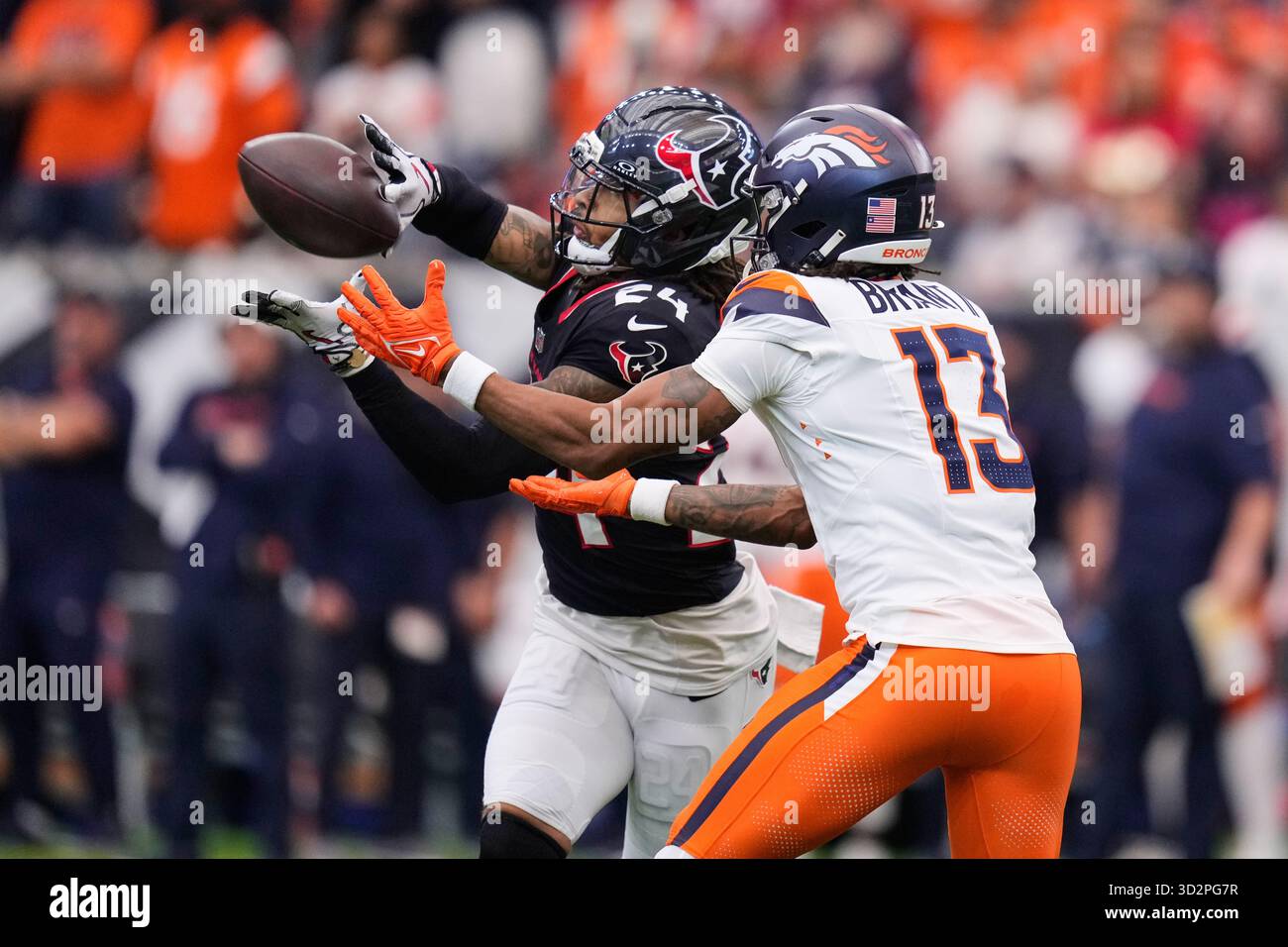 Houston Texans cornerback Derek Stingley Jr. (24) breaks up a pass intended for Denver Broncos ...