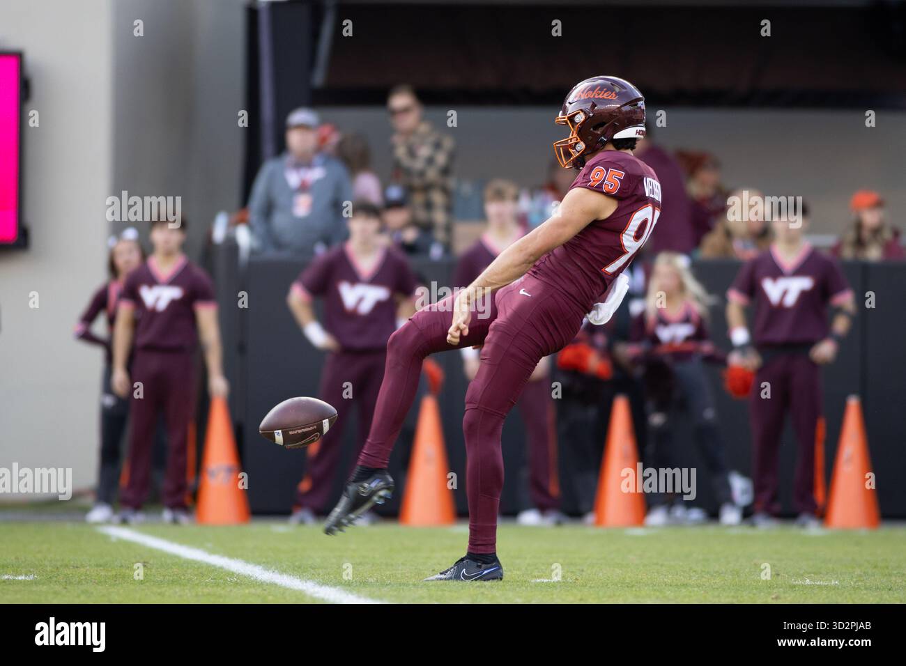 November 1, 2025: Virginia Tech Hokies punter Nick Veltsistas (95) punts the ball during the ...