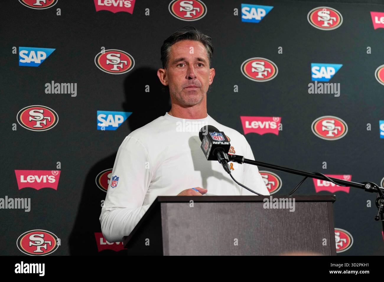 San Francisco 49ers head coach Kyle Shanahan answers questions during a ...