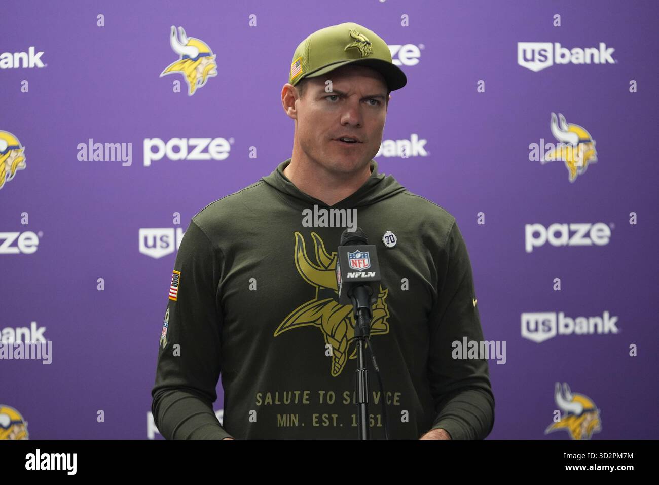 Minnesota Vikings head coach Kevin O'Connell answers questions after an ...
