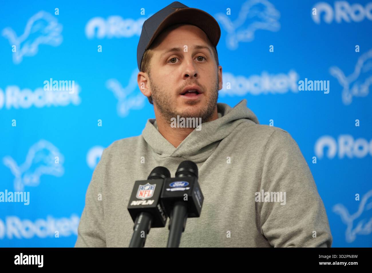 Detroit Lions quarterback Jared Goff answers questions after an NFL football game against the ...