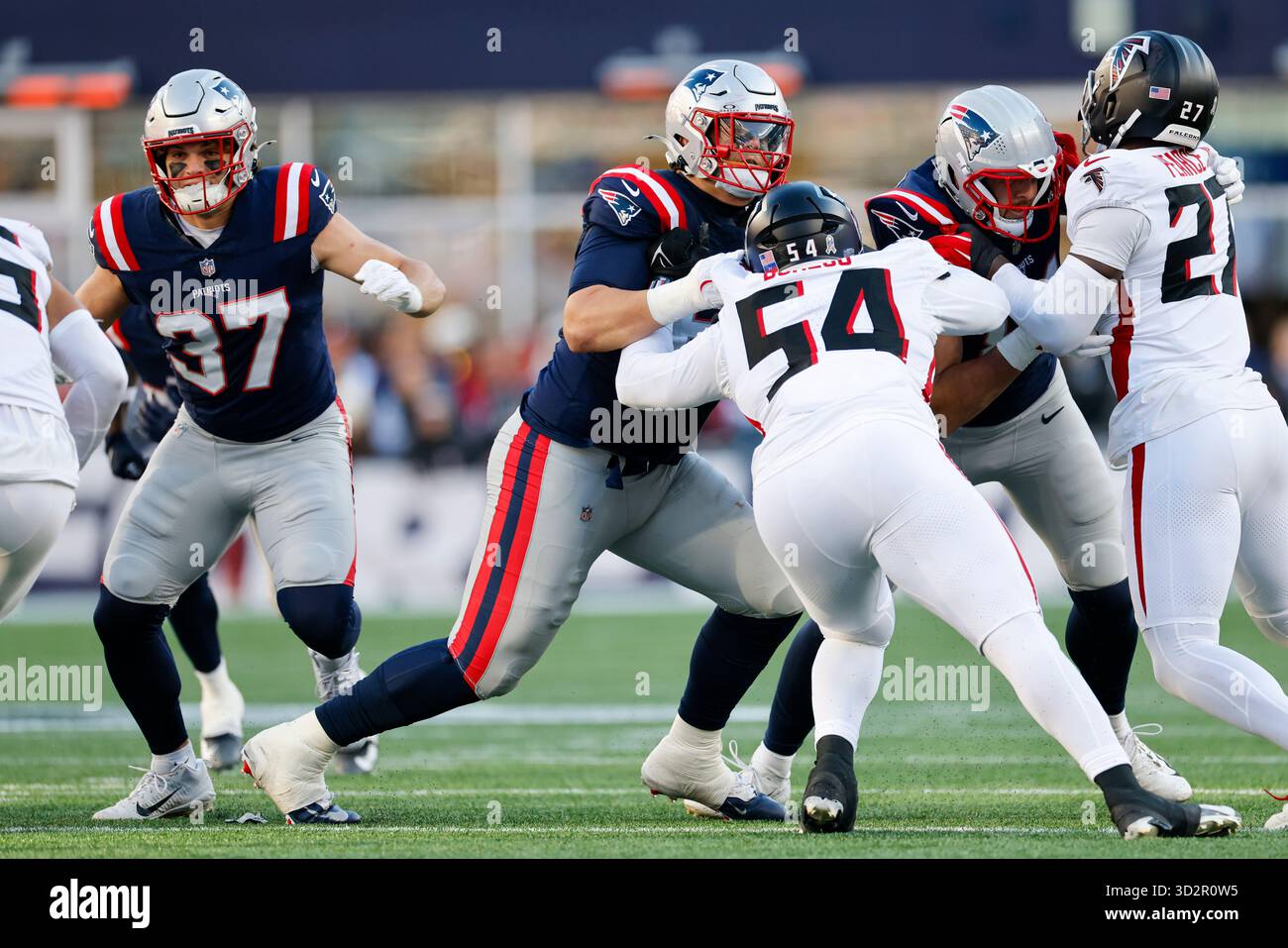 New England Patriots offensive tackle Will Campbell (66) battles with ...
