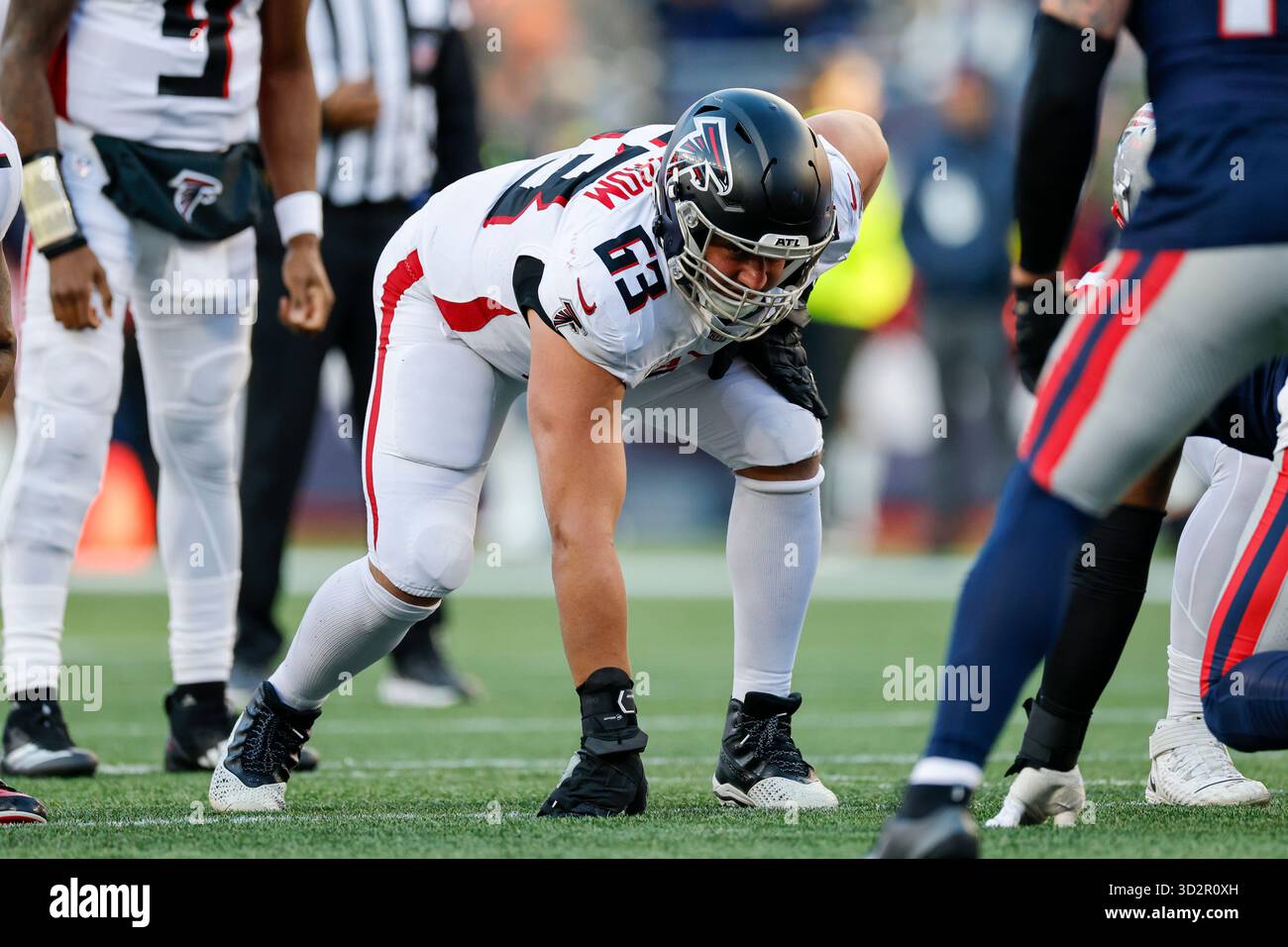 Atlanta Falcons guard Chris Lindstrom (63) prepares to block during the ...
