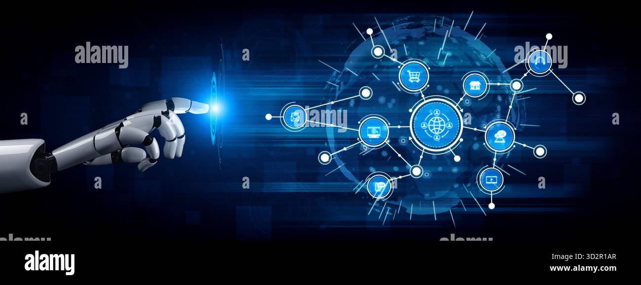 A futuristic robot hand reaching out to interact with a digital network ...