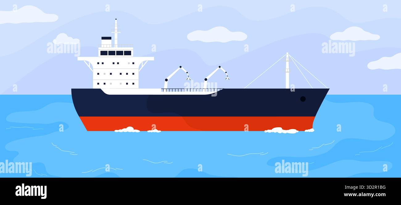 Modern oil tanker ship sailing on blue ocean with cranes and white ...