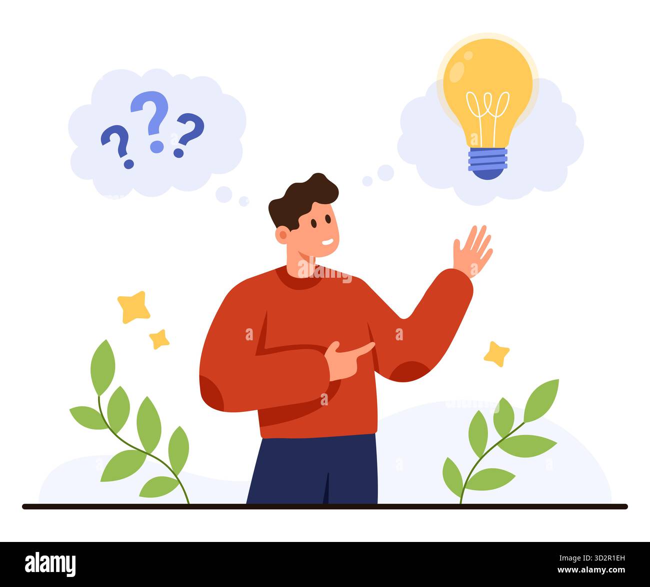 Man thinking with question marks and lightbulb, representing strategic ...