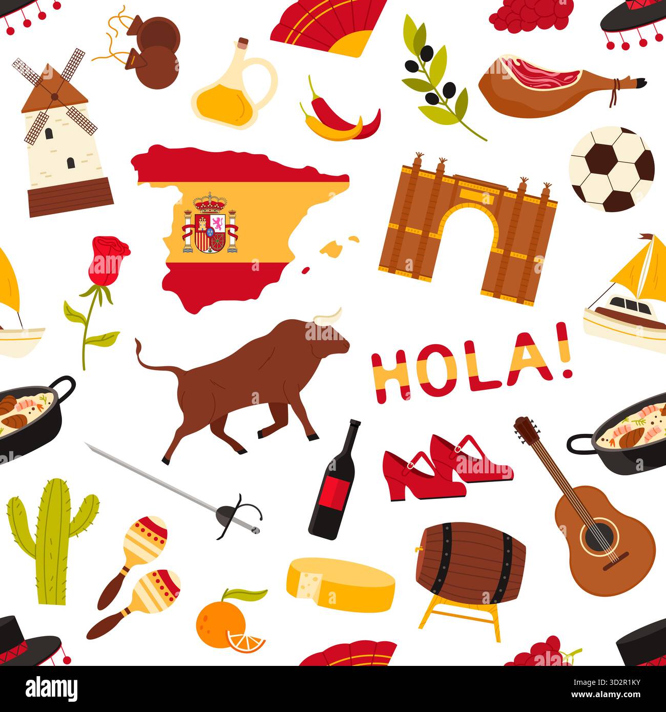 Spanish culture icons including bull, map, food, guitar, wine, and ...