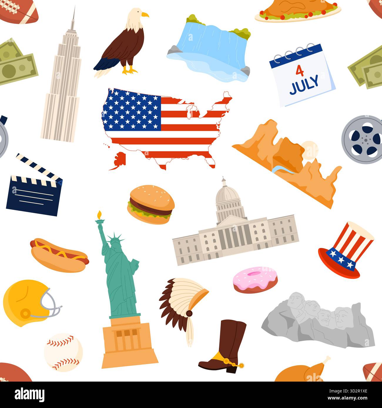 American culture seamless pattern featuring landmarks, food, symbols ...