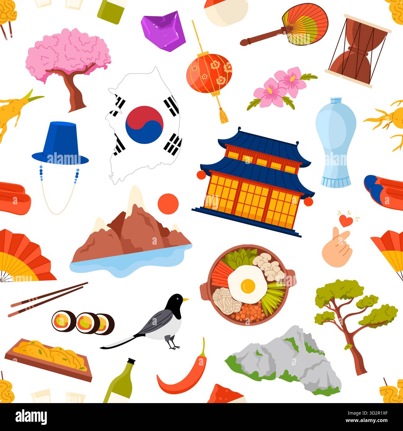 Traditional Korean icons, food, landmarks, and symbols arranged in a ...