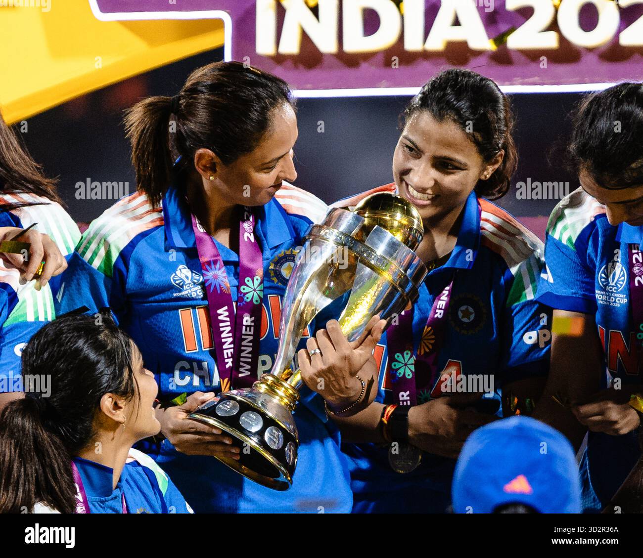 DY Patil Cricket Stadium, Navi Mumbai November 2nd 2025: Harmanpreet Kaur and Sneh Rana of India ...