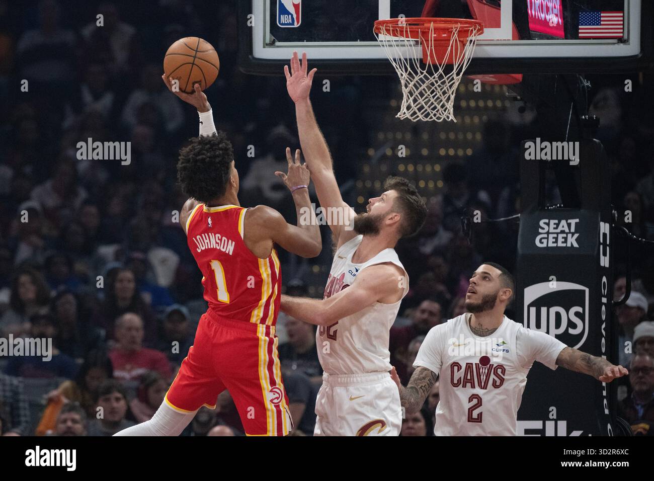 Atlanta Hawks' Jalen Johnson (1) looks to shoot over Cleveland ...