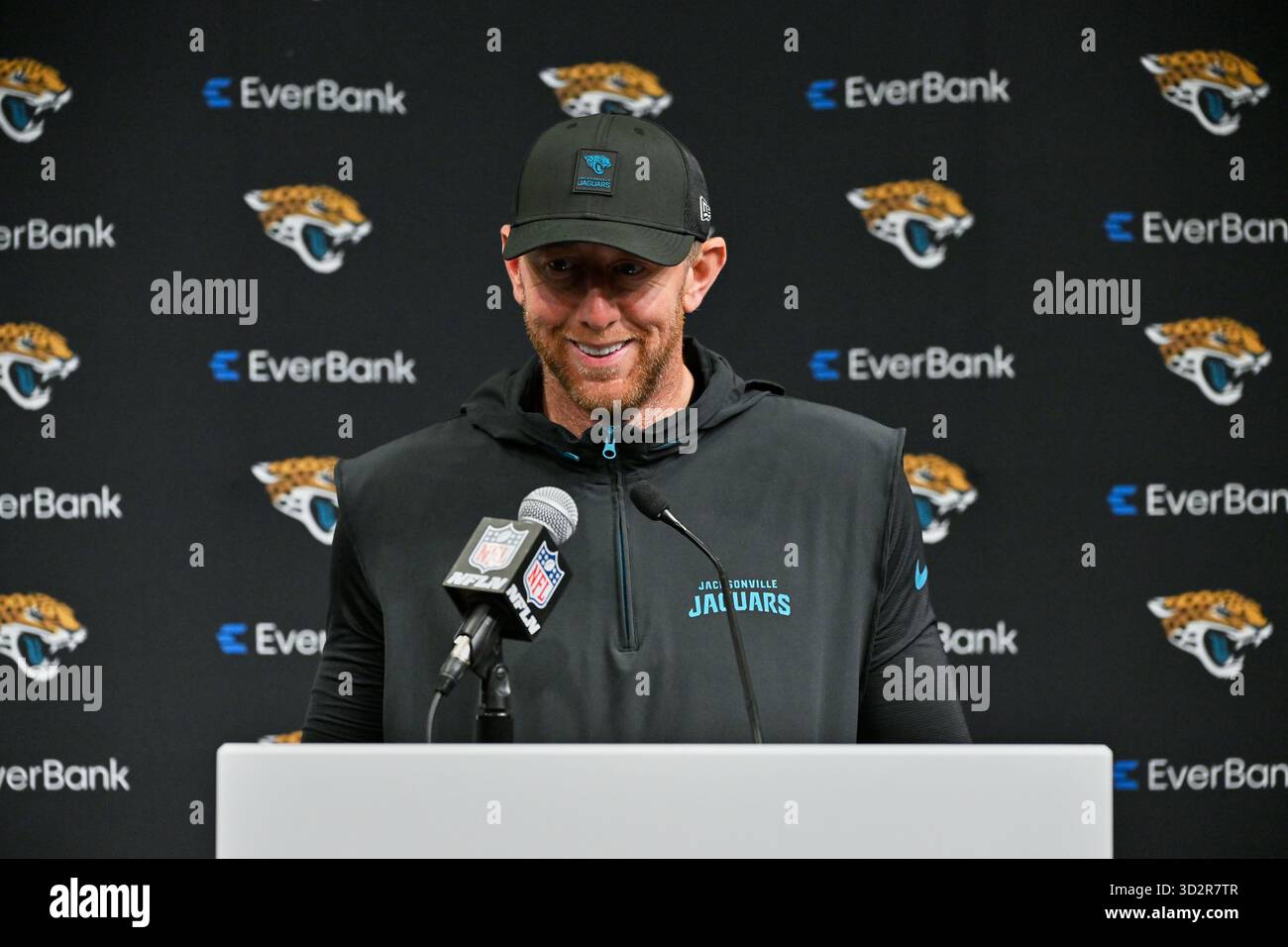 Jacksonville Jaguars head coach Liam Coen speaks to reporters after an ...