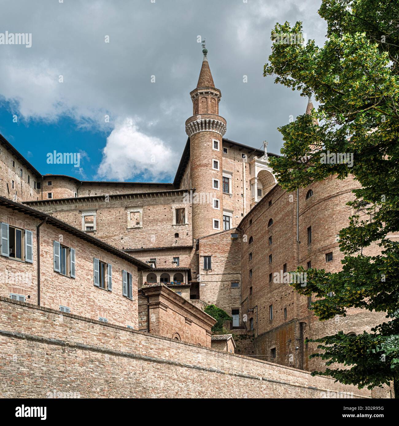 The majestic Palazzo Ducale in Urbino, Marche, Italy, seen from below ...