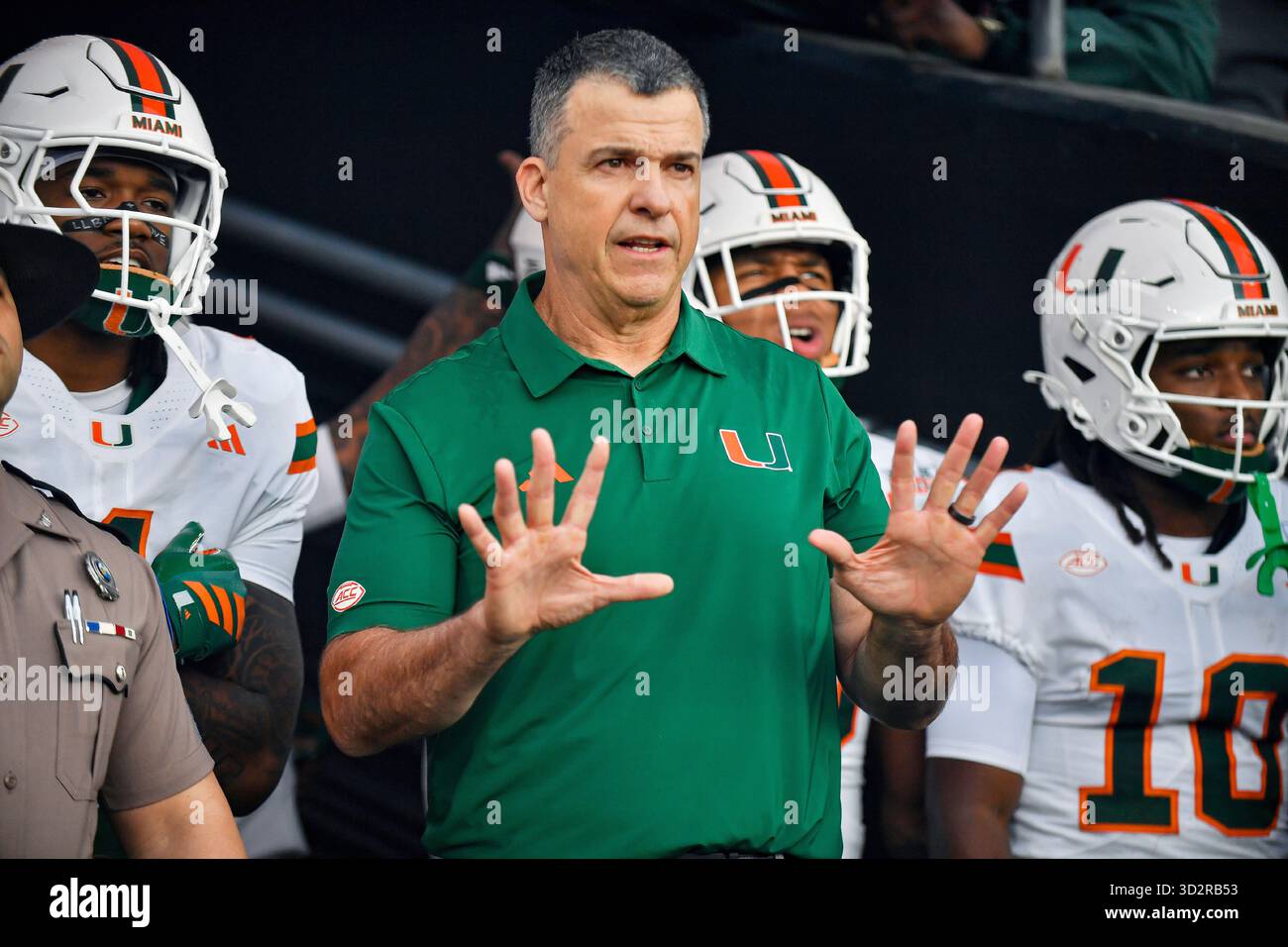November 01, 2025: Miami Hurricanes coach Mario Cristobal gets ready to ...