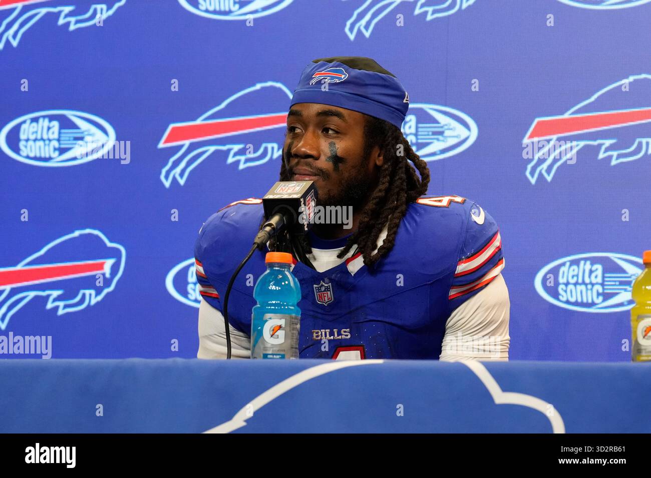Buffalo Bills running back James Cook III speaks during a news ...