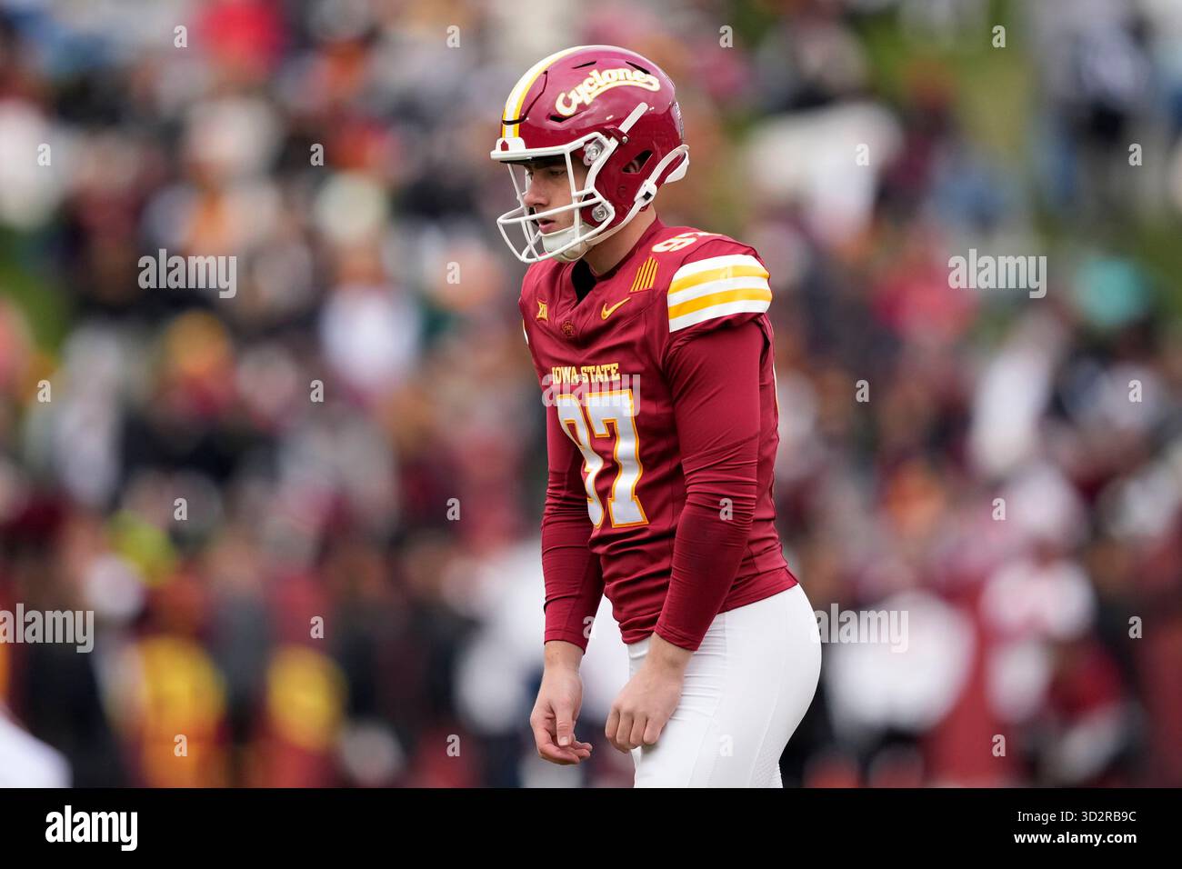 Iowa State kicker Kyle Konrardy looks to kick a field goal during the ...