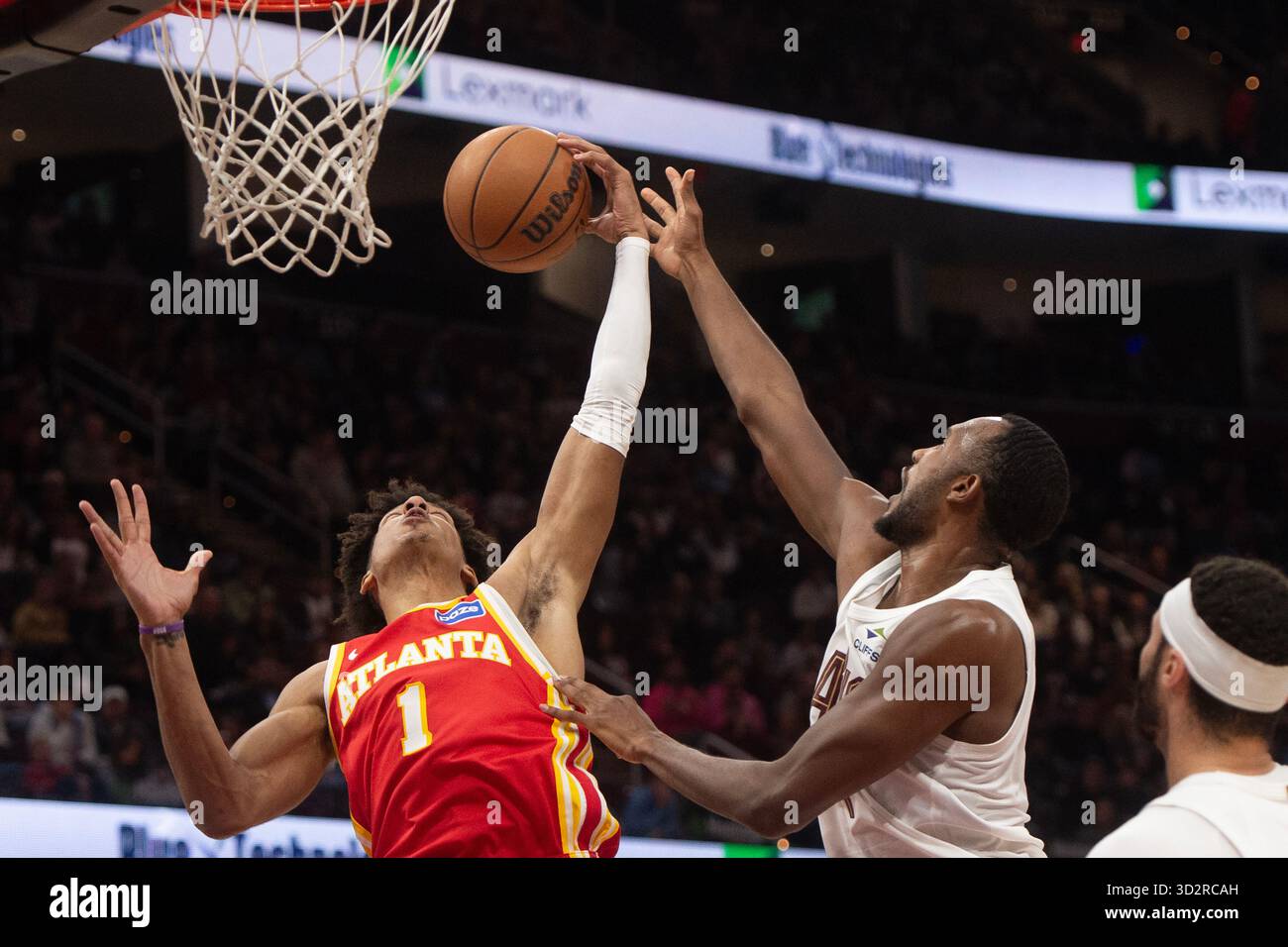 Atlanta Hawks' Jalen Johnson (1) grabs a rebound as Cleveland Cavaliers ...