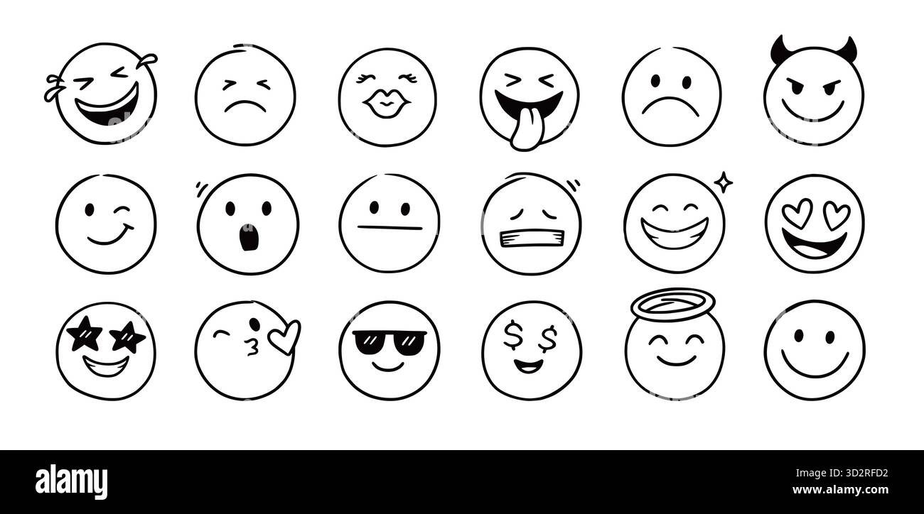 Face emoji icon set. Hand drawn doodle sketch style happy, angry, sad ...