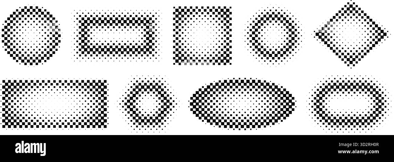 Halftone gradient frame set. Dotted textured round, square, hexagon ...