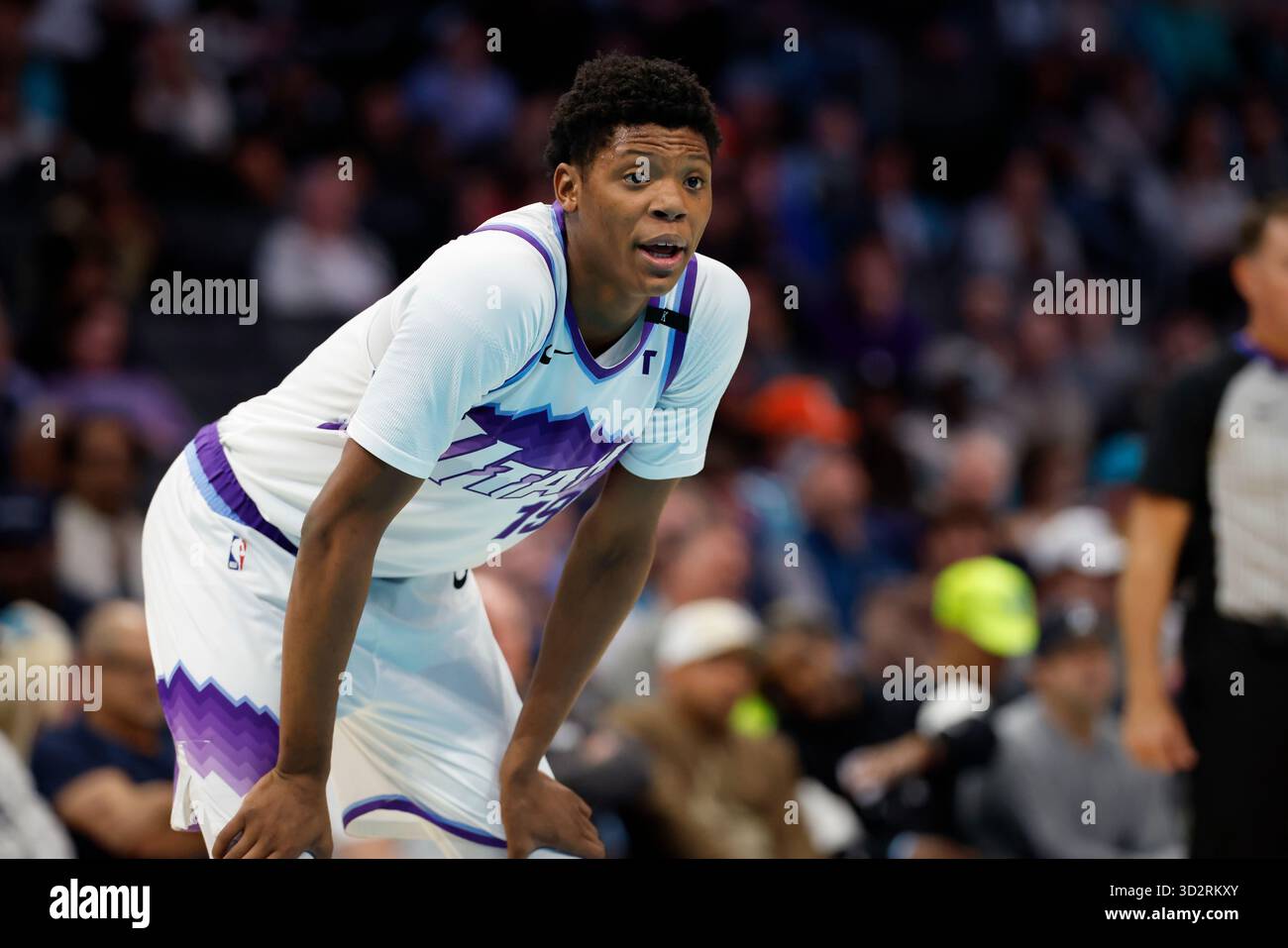 Utah Jazz guard Ace Bailey stands on the court during the second half of an NBA basketball game ...