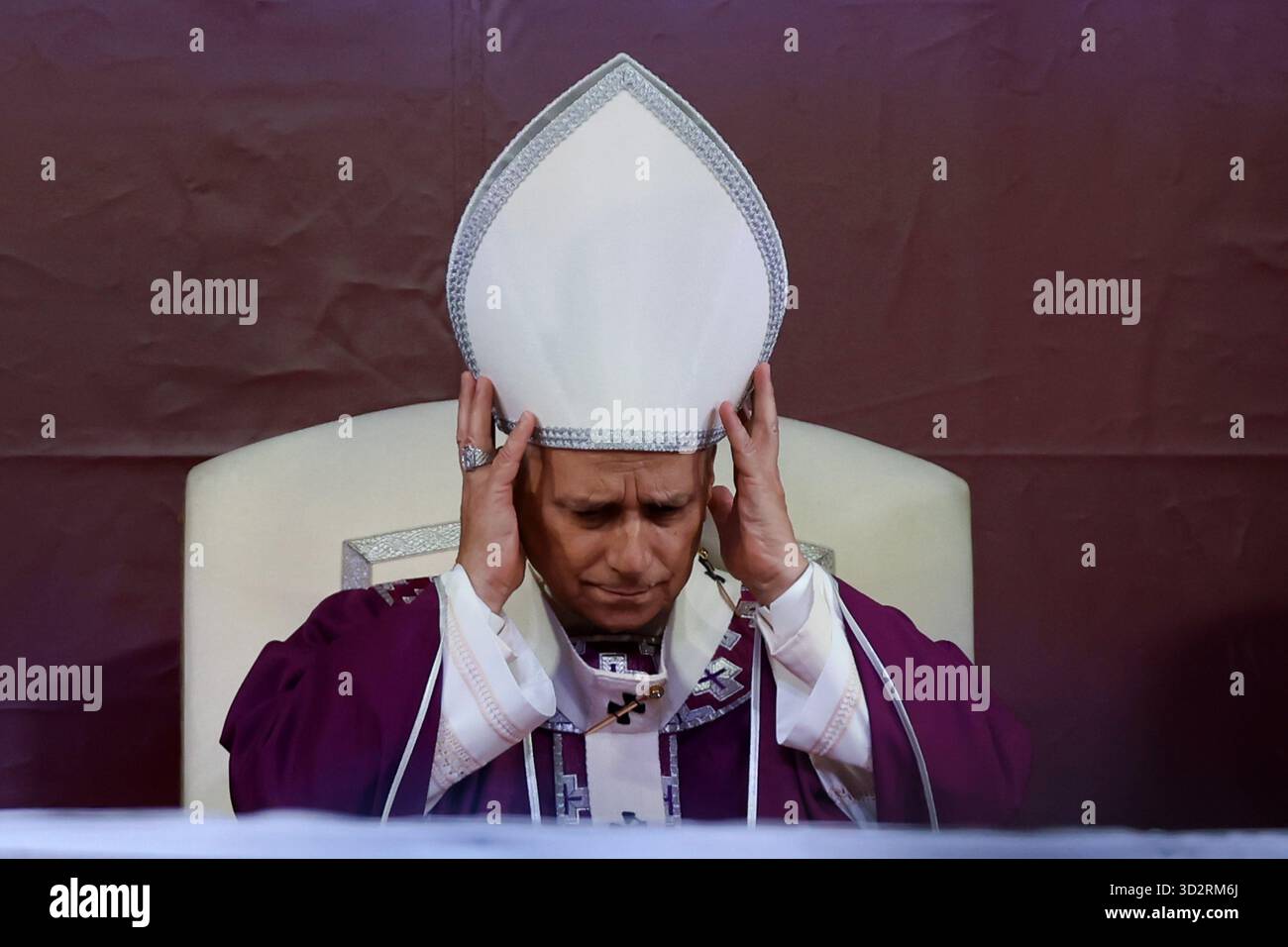 The pontiff wears the white mitre. Pope Leo XIV presided over the ...