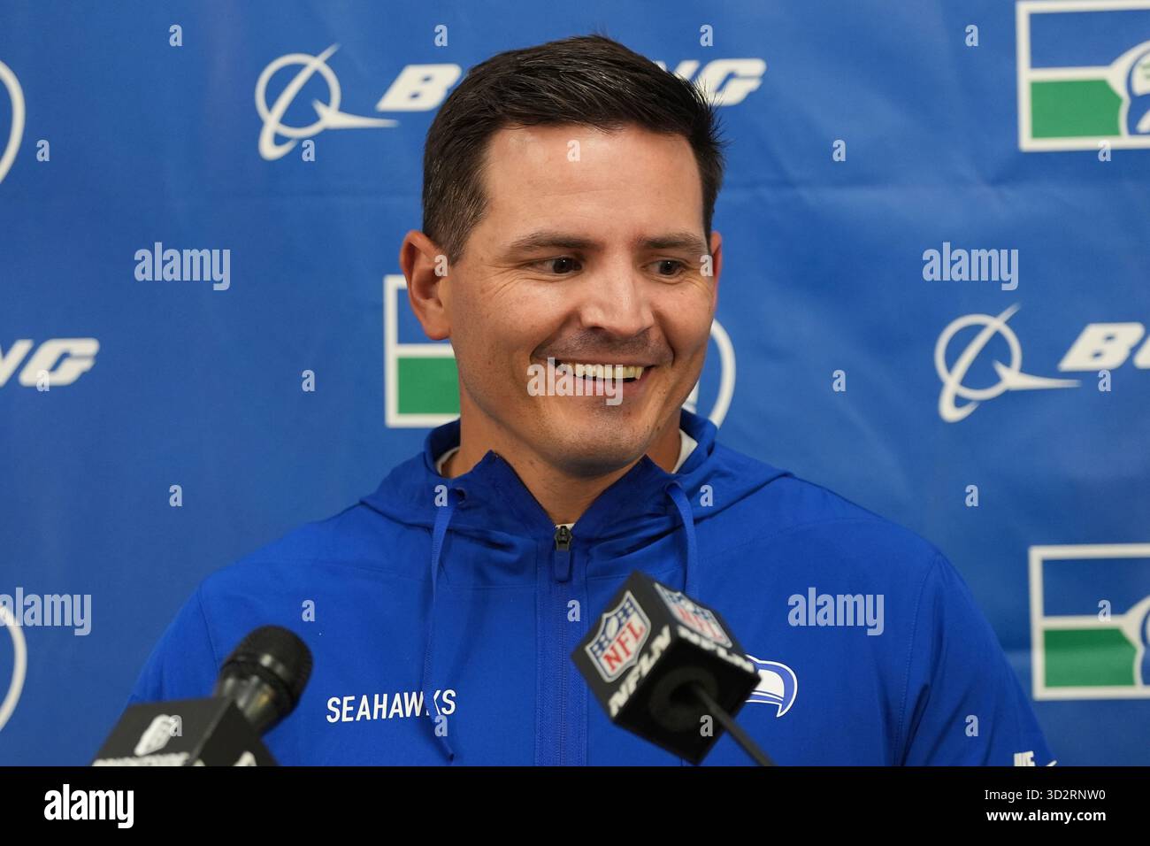 Seattle Seahawks head coach Mike Macdonald speaks to the media after ...