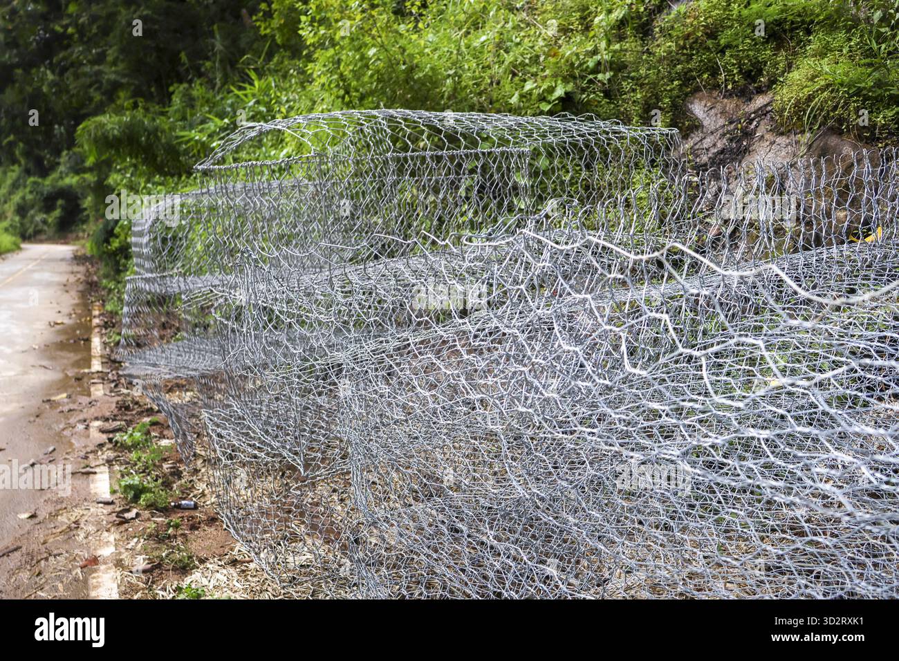 Wire mesh protecting hillside, providing slope stabilization and ...