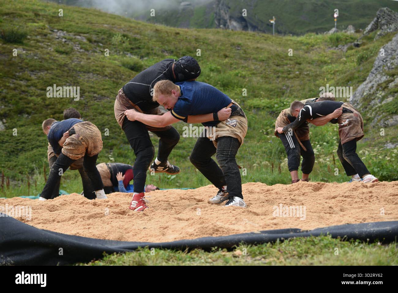 Swiss folk wrestling, Schwingen, being practiced outside by big strong ...