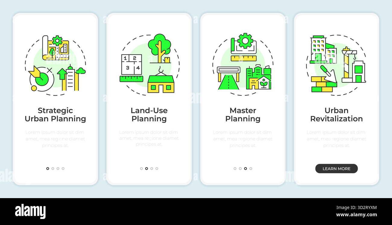 Types of urban planning onboarding mobile app screen Stock Vector Image ...