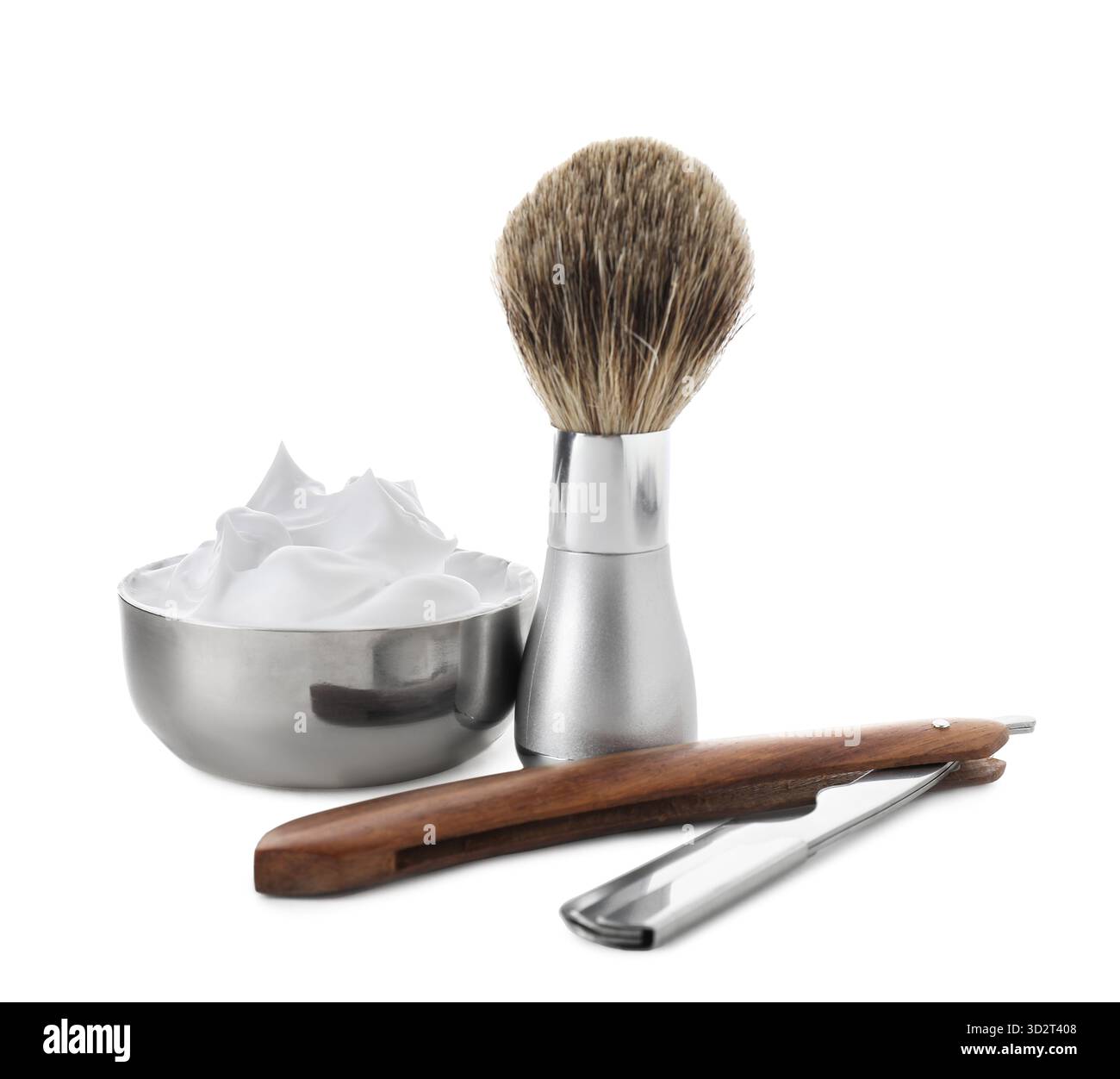 Shaving foam, brush and straight razor isolated on white. Barber's ...