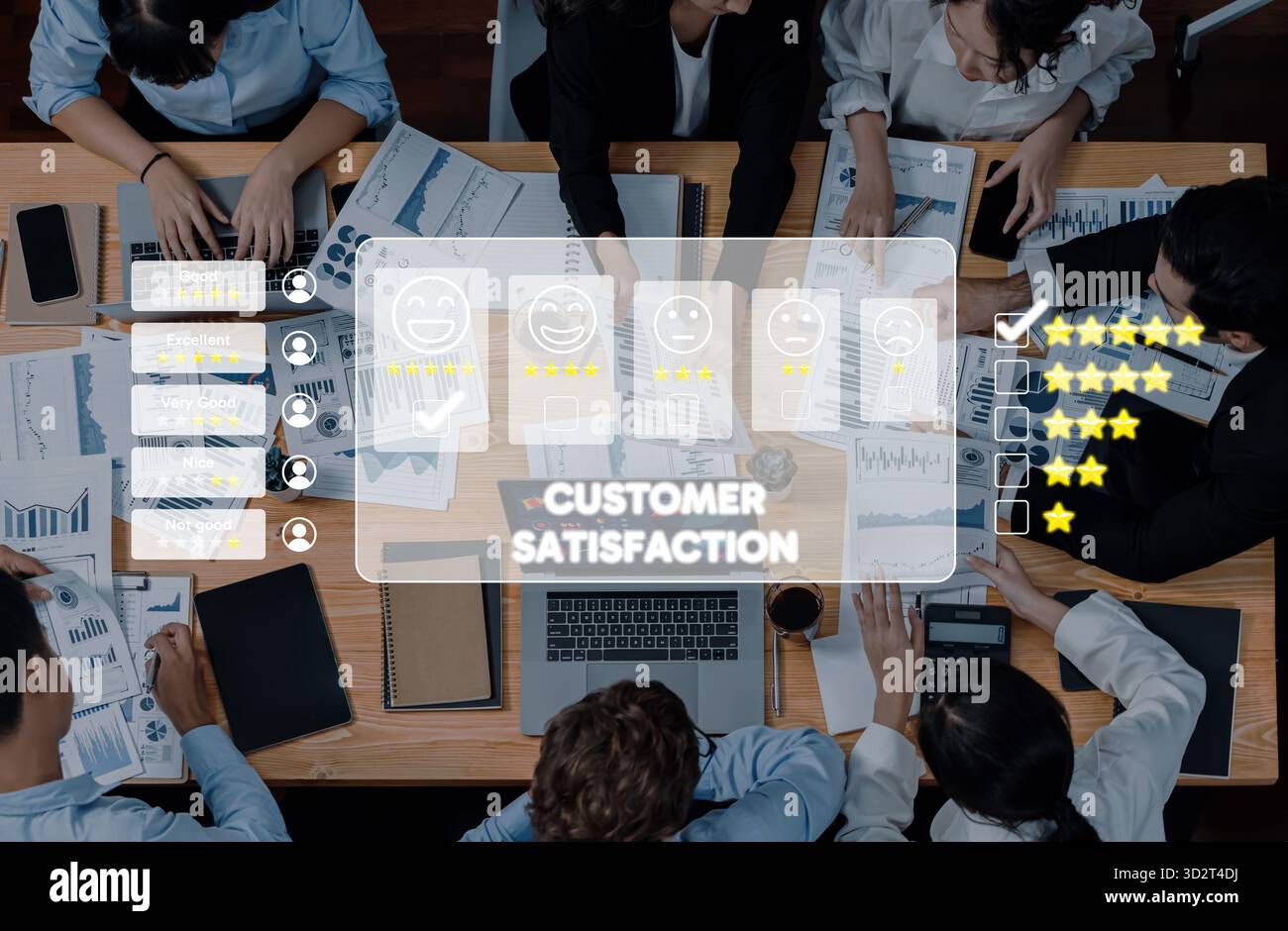 Focused group of professionals assessing customer satisfaction through ...