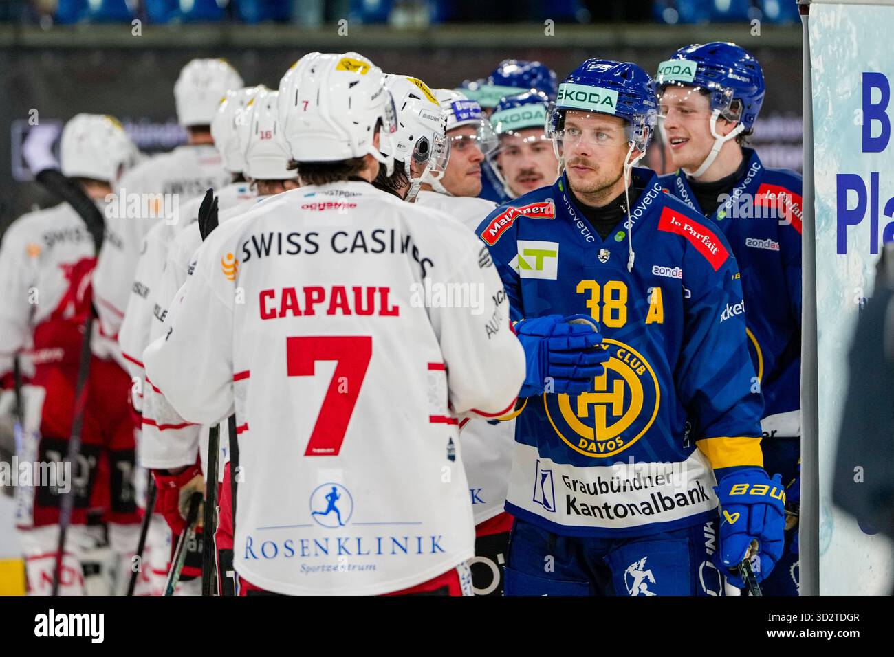 DAVOS, SWITZERLAND - NOVEMBER 1: Luca Capaul of Lakers and Lukas Frick ...