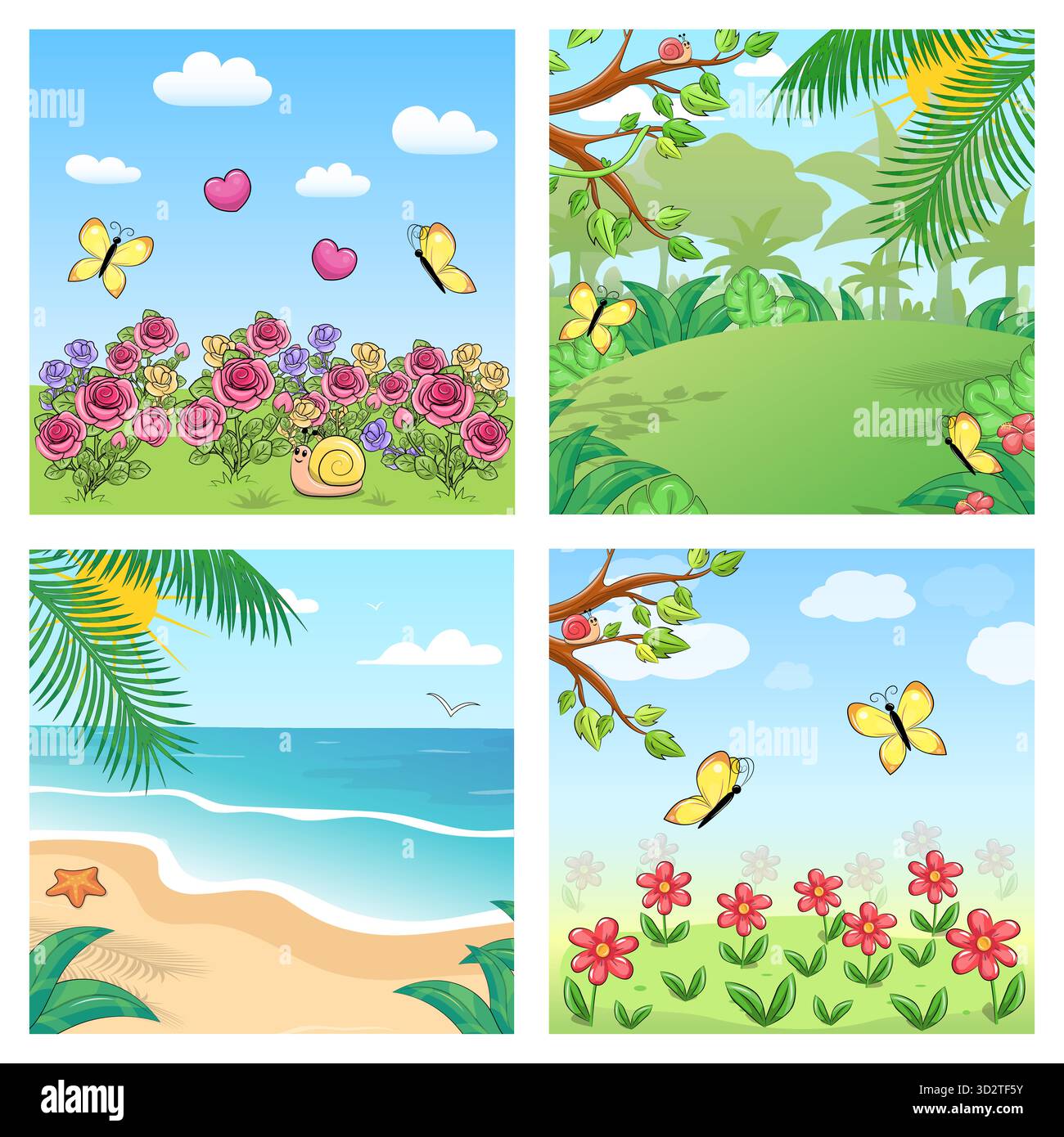 Set of landscapes. Cute cartoon vector illustrations of nature Stock ...