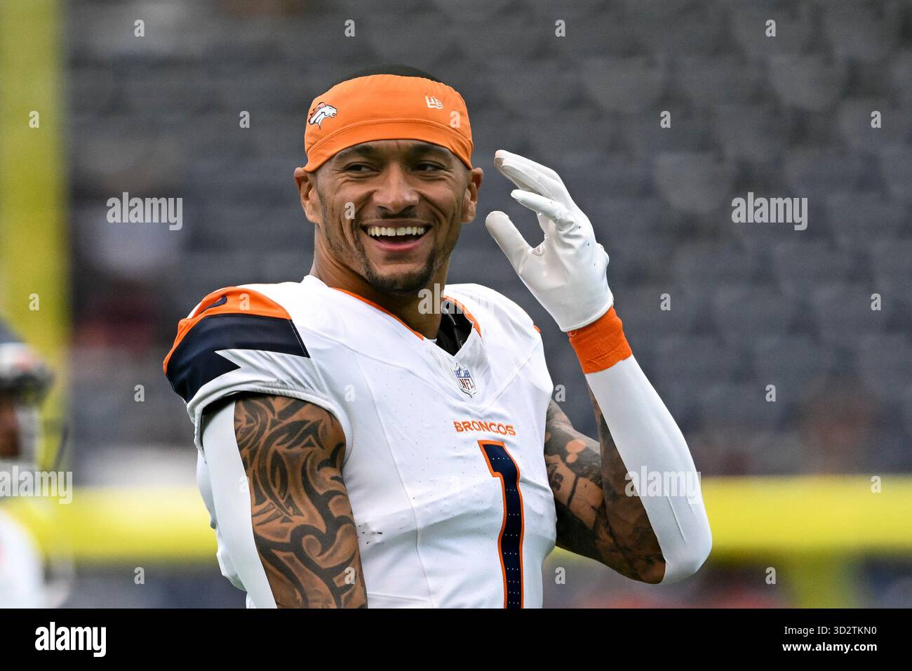 Denver Broncos tight end Evan Engram (1) reacts during warm ups prior ...