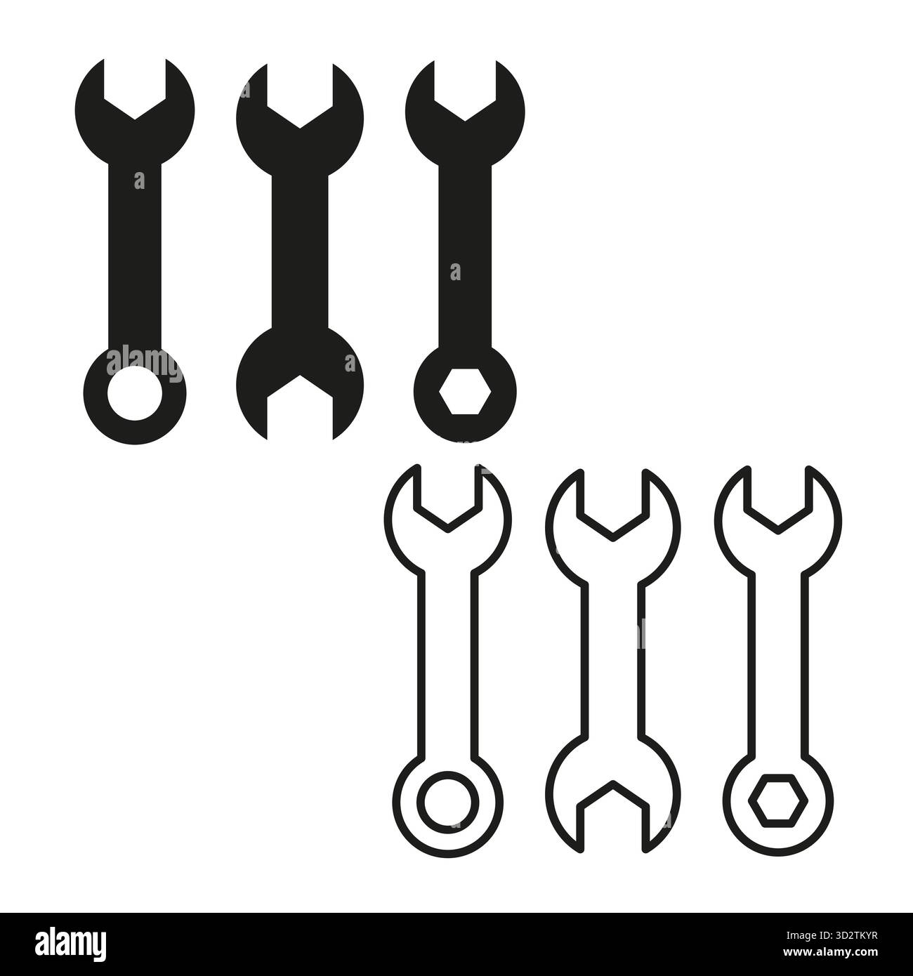 Outline wrench tools. Spanner equipment symbol. Line art mechanic icons ...
