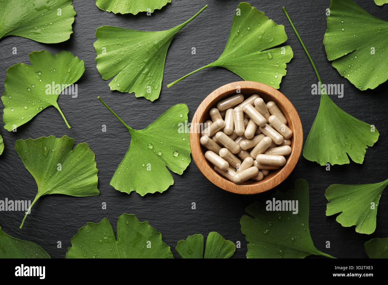 Many wet ginkgo biloba leaves and bowl of pills on dark textured table ...