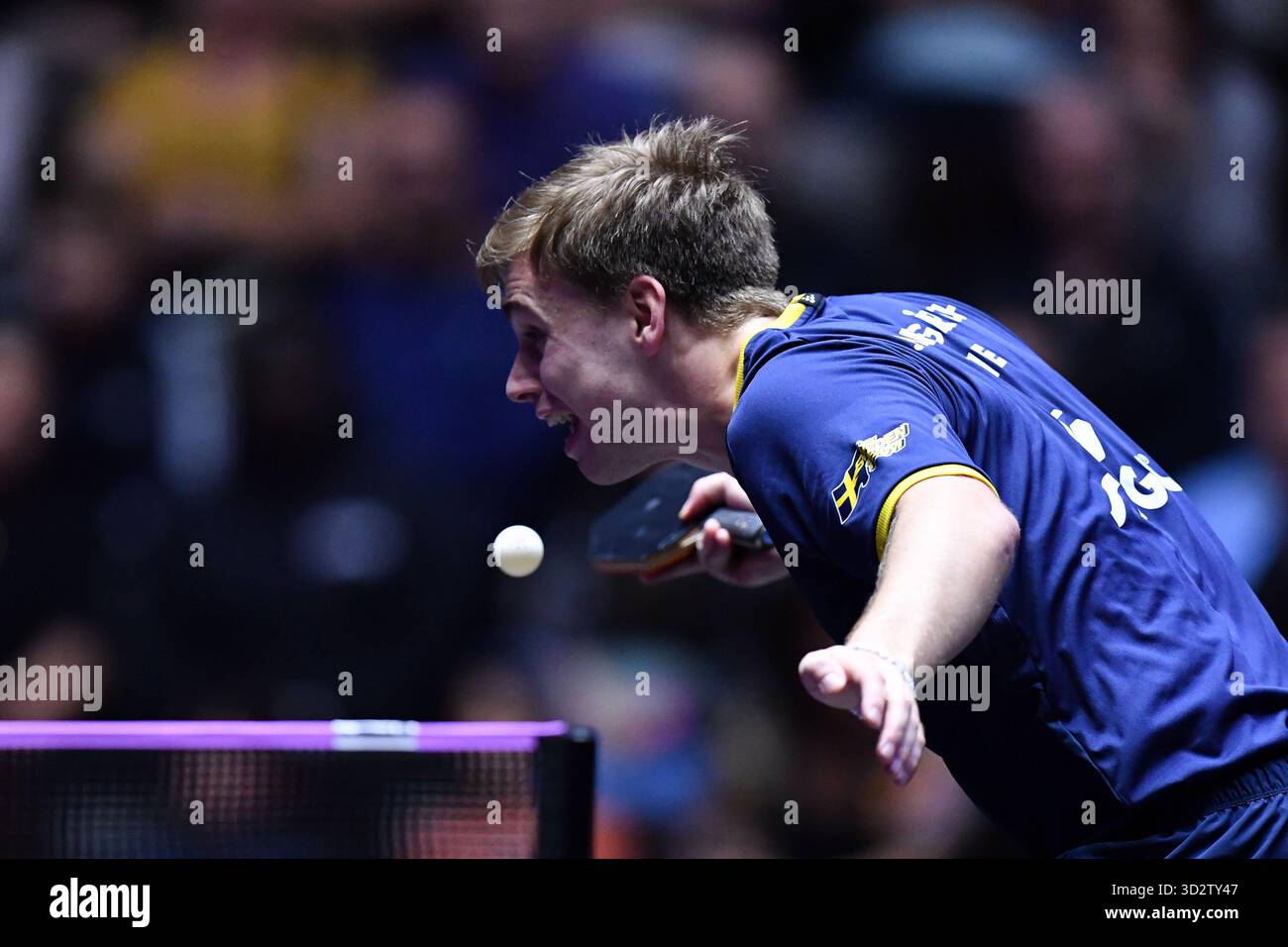 (251103) -- MONTPELLIER, Nov. 3, 2025 (Xinhua) -- Truls Moregard of Sweden hits a return during ...