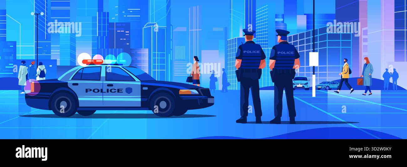 Police officers city patrol urban security street scene modern ...