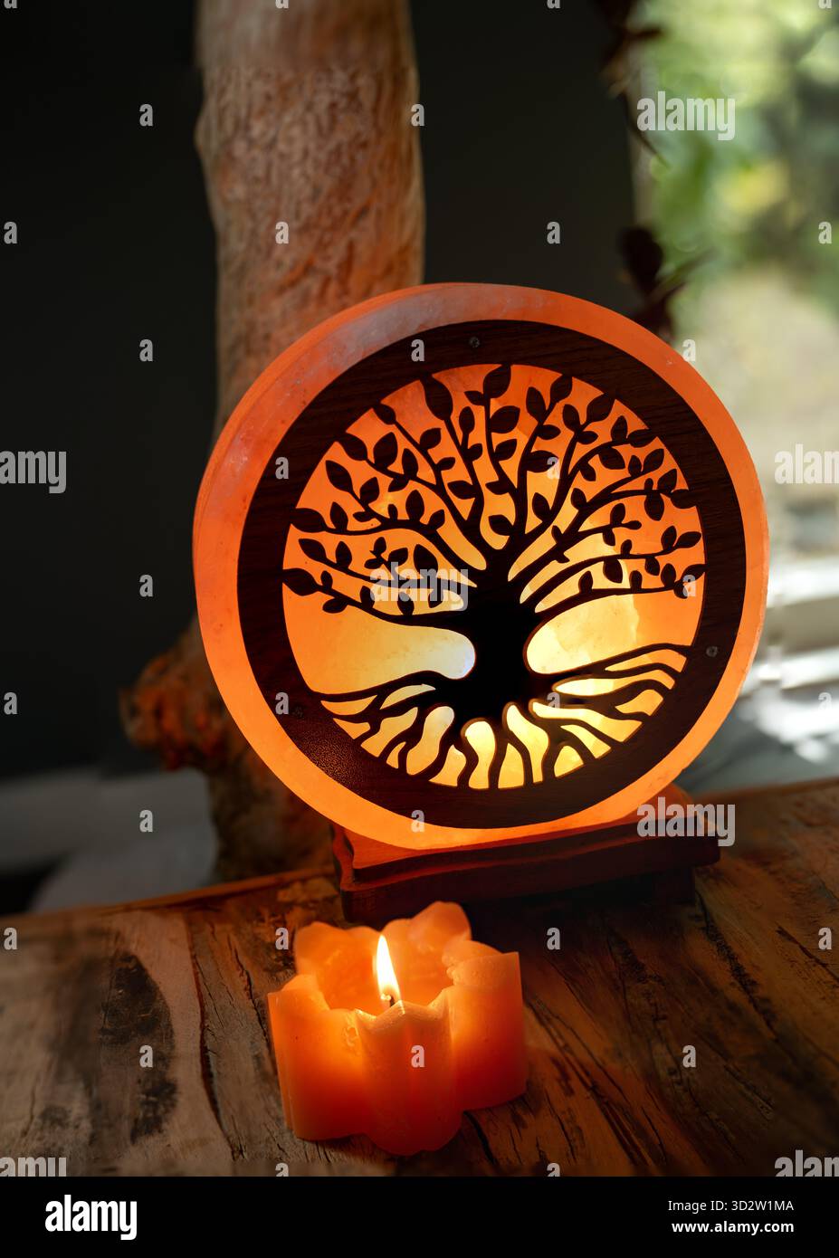 Warm light from a Tree of Life lamp and candle creates a calm ...