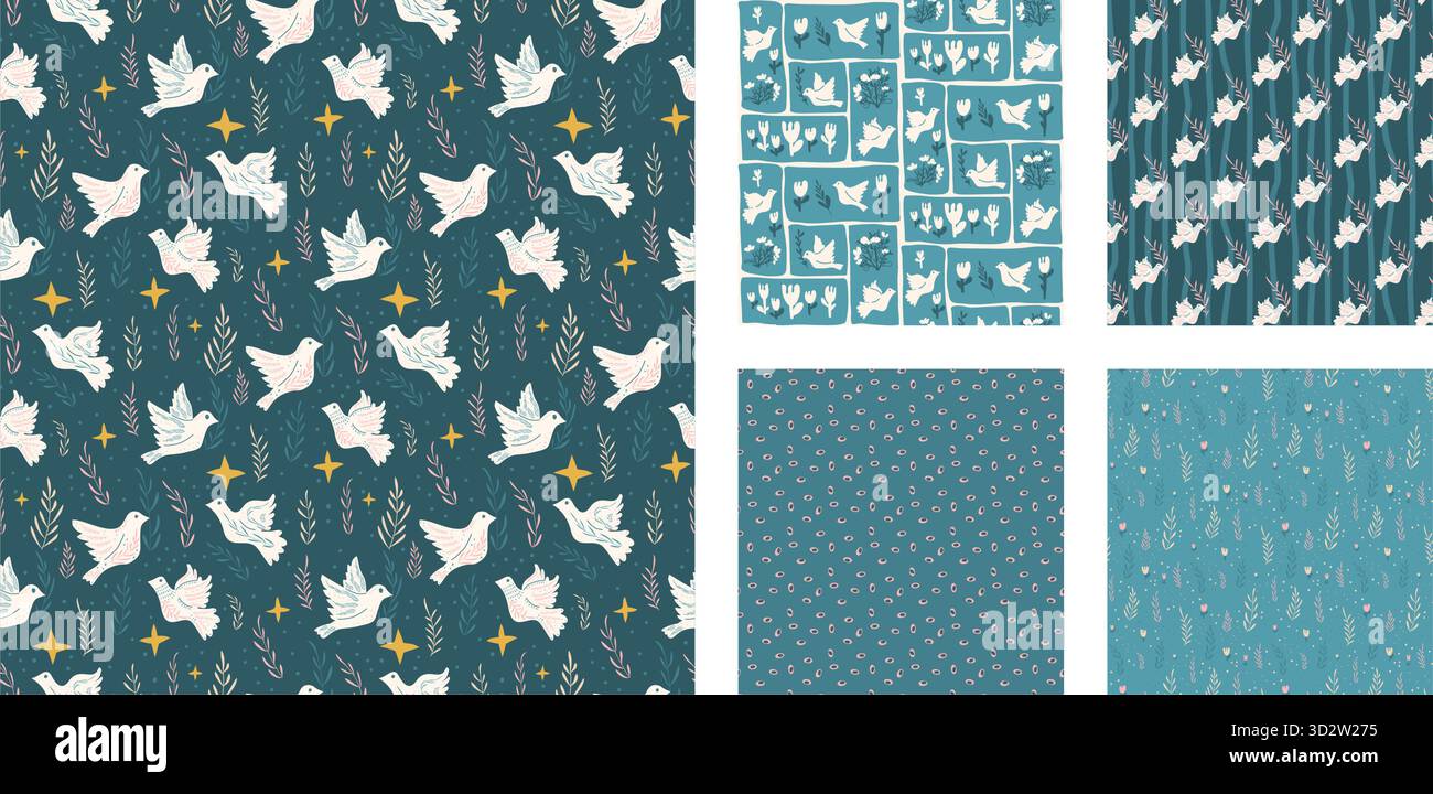 Dove of peace seamless patterns collection. Folk birds motif background ...