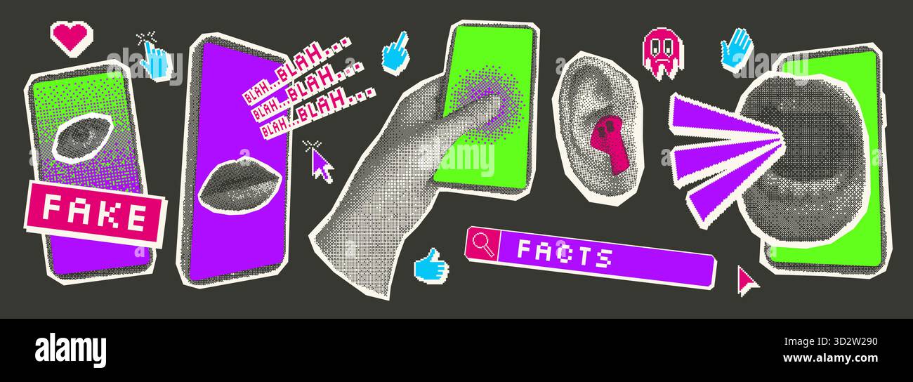Fake news halftone and pixel art elements set. Hand, eye, mouth with ...
