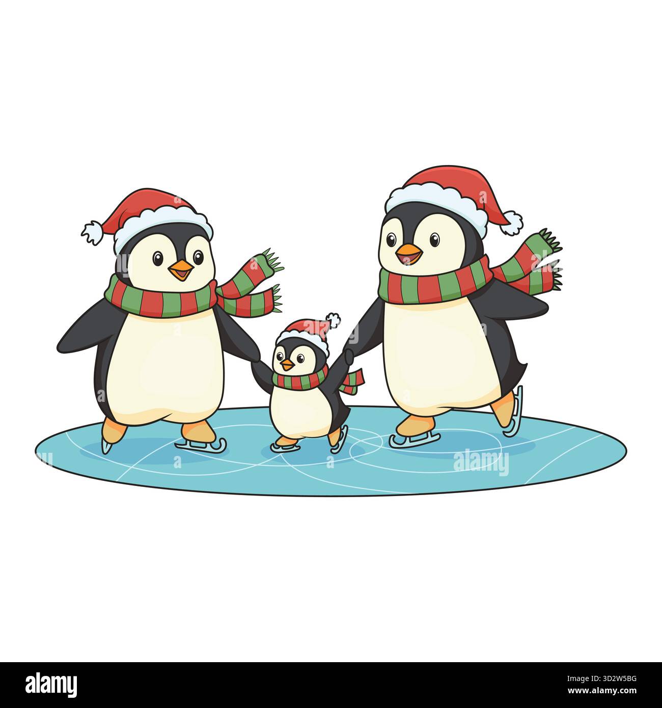 Adorable vector illustration of a penguin family ice skating together ...