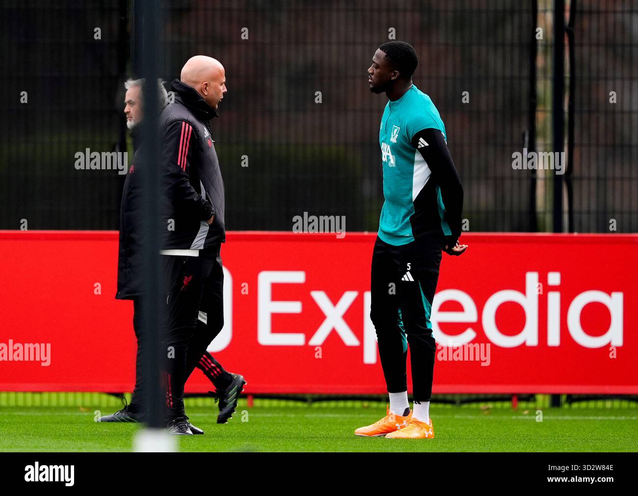 Liverpool manager Arne Slot with Ibrahima Konate during a training ...