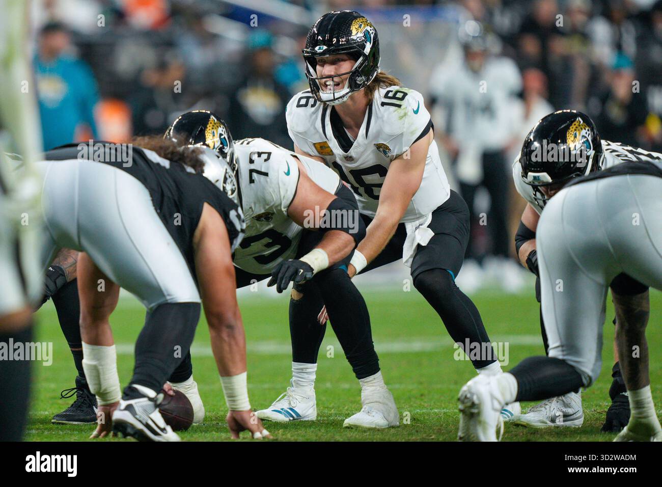 Jacksonville Jaguars quarterback Trevor Lawrence (16) calls the pre ...