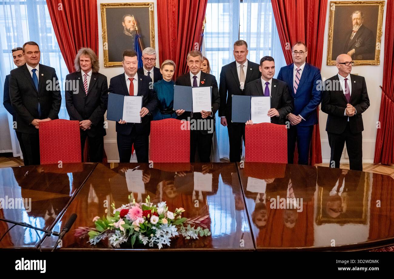 The leaders of ANO, SPD and Motorists sign a coalition agreement and ...