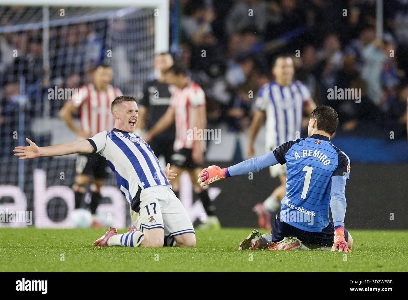 Sergio Gomez and Alex Remiro of Real Sociedad celebrate during the ...