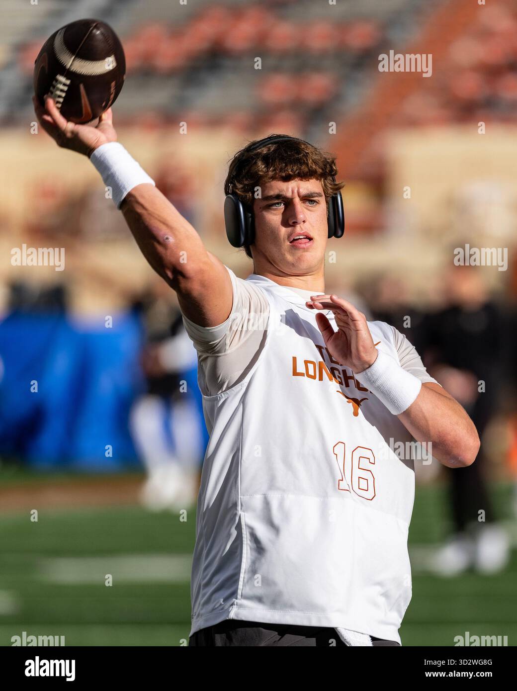 Nov 1, 2025. Arch Manning (16) of the Texas Longhorns during pre game ...